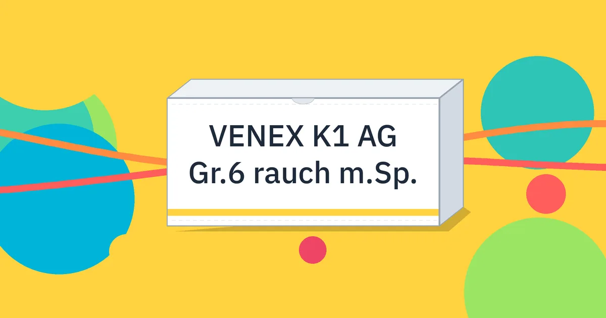 Symbolbild: Packung mit der Aufschrift VENEX K1 AG Gr.6 rauch m.Sp. (PZN 03186778) – Verfügbarkeit und Bezug in Apotheken in Frankfurt am Main