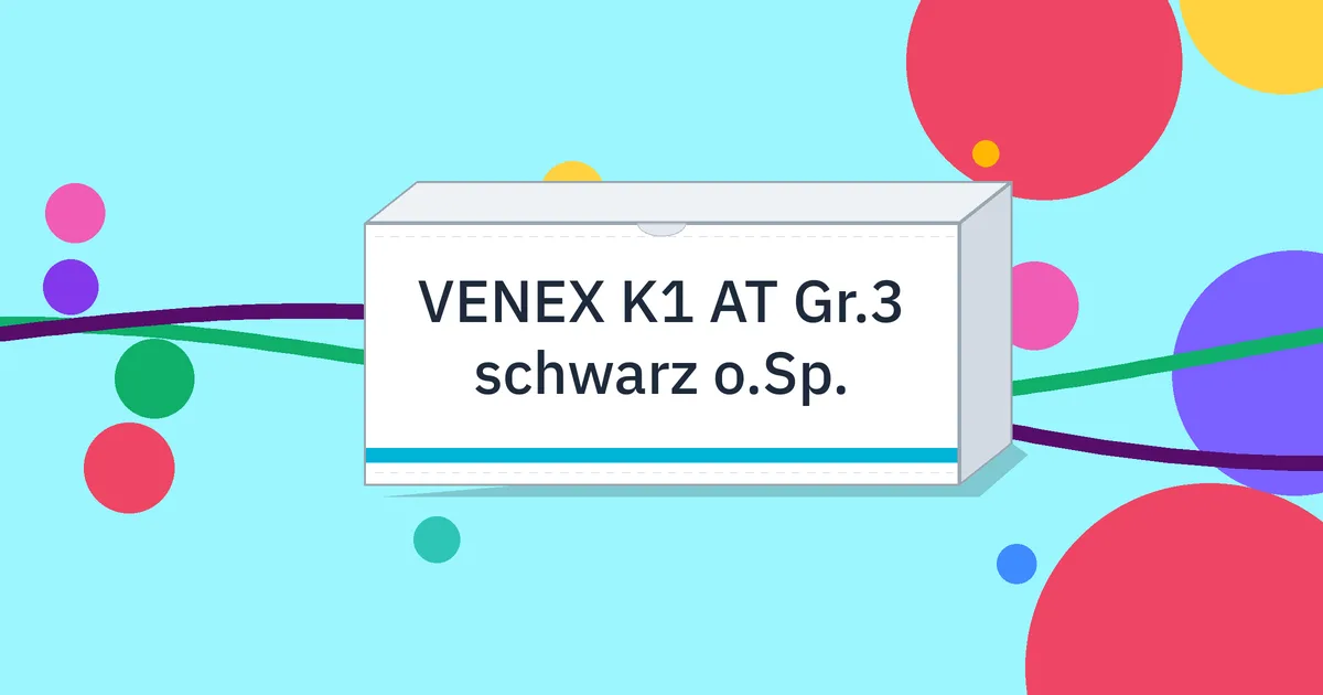 Symbolbild: Packung mit der Aufschrift VENEX K1 AT Gr.3 schwarz o.Sp. (PZN 03198511) – Verfügbarkeit und Bezug in Apotheken in Frankfurt am Main