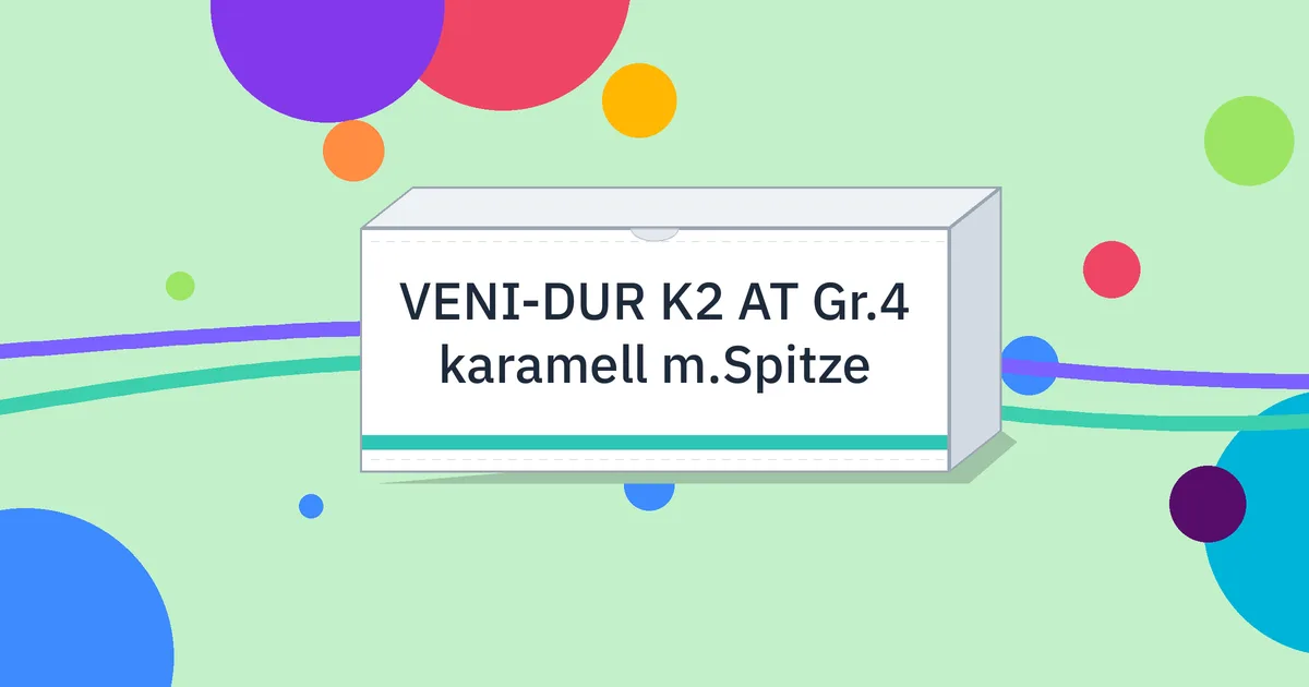 Symbolbild: Packung mit der Aufschrift VENI-DUR K2 AT Gr.4 karamell m.Spitze (PZN 13756981) – Verfügbarkeit und Bezug in Apotheken in Frankfurt am Main