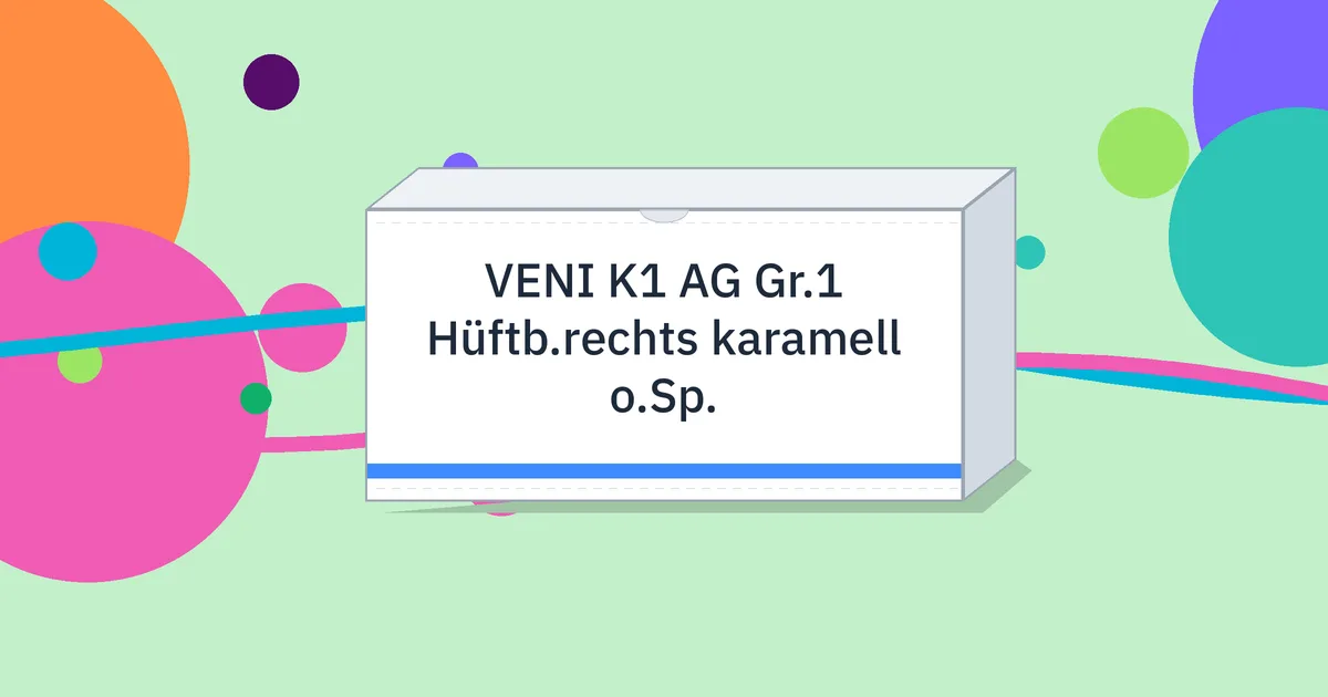 Symbolbild: Packung mit der Aufschrift VENI K1 AG Gr.1 Hüftb.rechts karamell o.Sp. (PZN 13760072) – Verfügbarkeit und Bezug in Apotheken in Frankfurt am Main
