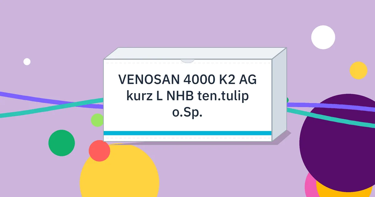 Symbolbild: Packung mit der Aufschrift VENOSAN 4000 K2 AG kurz L NHB ten.tulip o.Sp. (PZN 19154585) – Verfügbarkeit und Bezug in Apotheken in Frankfurt am Main