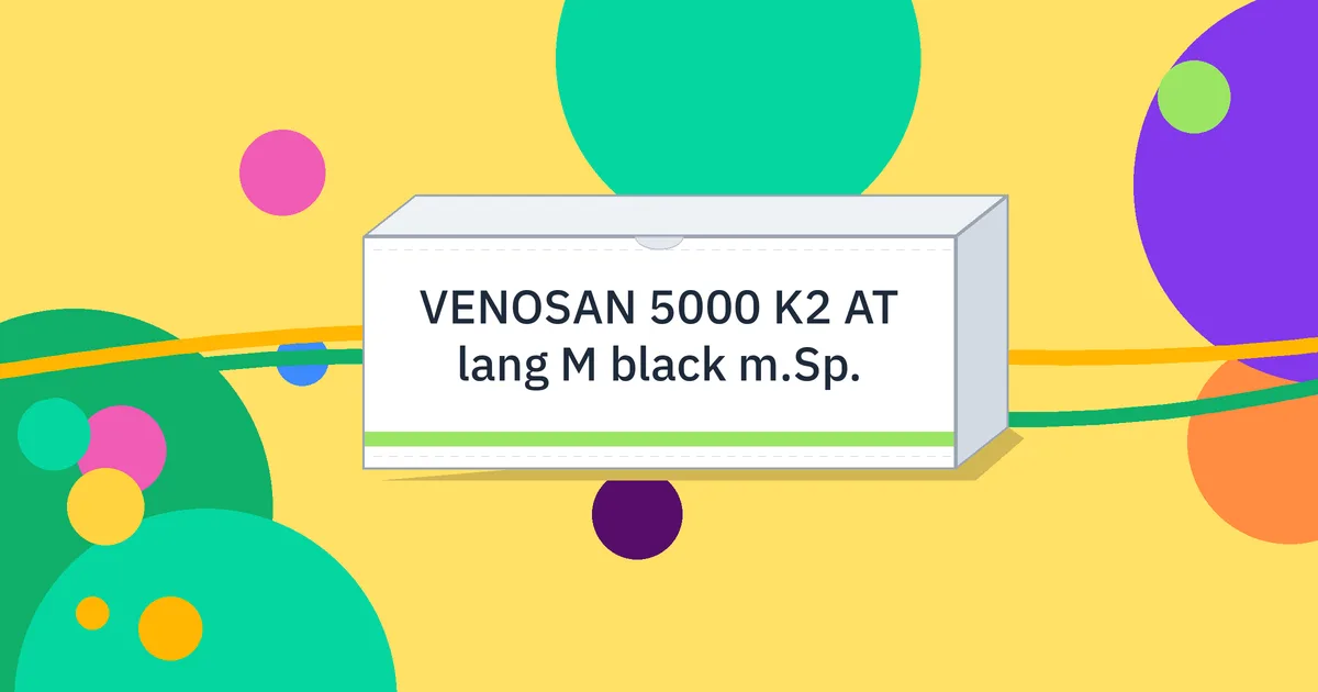 Symbolbild: Packung mit der Aufschrift VENOSAN 5000 K2 AT lang M black m.Sp. (PZN 14433470) – Verfügbarkeit und Bezug in Apotheken in Frankfurt am Main