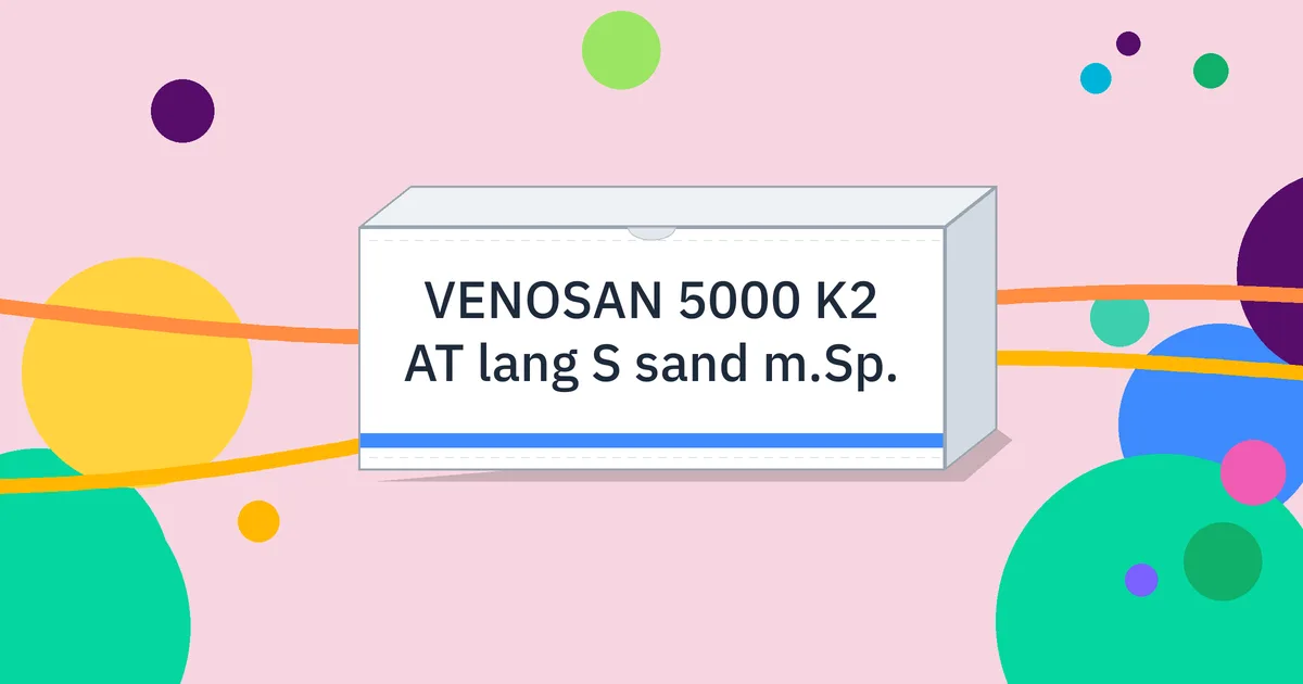 Symbolbild: Packung mit der Aufschrift VENOSAN 5000 K2 AT lang S sand m.Sp. (PZN 14428670) – Verfügbarkeit und Bezug in Apotheken in Frankfurt am Main