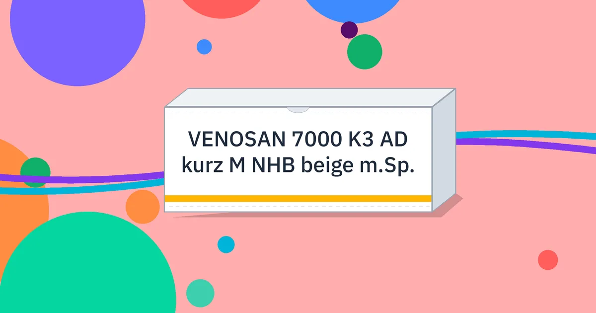 Symbolbild: Packung mit der Aufschrift VENOSAN 7000 K3 AD kurz M NHB beige m.Sp. (PZN 14435285) – Verfügbarkeit und Bezug in Apotheken in Frankfurt am Main