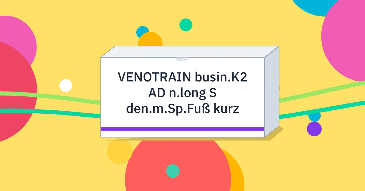 Symbolbild: Packung mit der Aufschrift VENOTRAIN busin.K2 AD n.long S den.m.Sp.Fuß kurz (PZN 19057787) – Verfügbarkeit und Bezug in Apotheken in Frankfurt am Main