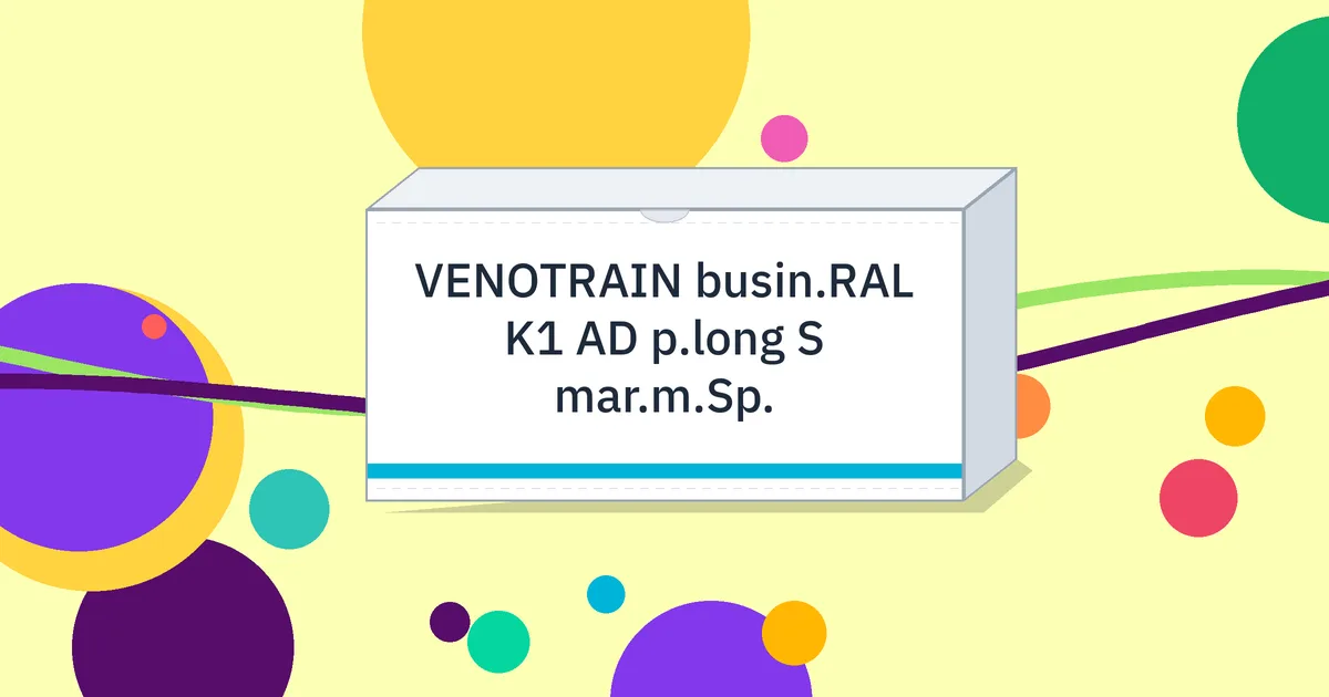 Symbolbild: Packung mit der Aufschrift VENOTRAIN busin.RAL K1 AD p.long S mar.m.Sp. (PZN 06948378) – Verfügbarkeit und Bezug in Apotheken in Frankfurt am Main