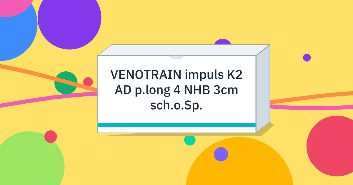 Symbolbild: Packung mit der Aufschrift VENOTRAIN impuls K2 AD p.long 4 NHB 3cm sch.o.Sp. (PZN 00656829) – Verfügbarkeit und Bezug in Apotheken in Frankfurt am Main