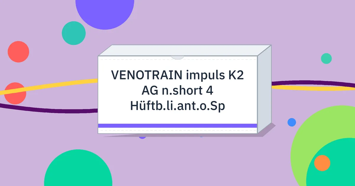 Symbolbild: Packung mit der Aufschrift VENOTRAIN impuls K2 AG n.short 4 Hüftb.li.ant.o.Sp (PZN 15219655) – Verfügbarkeit und Bezug in Apotheken in Frankfurt am Main