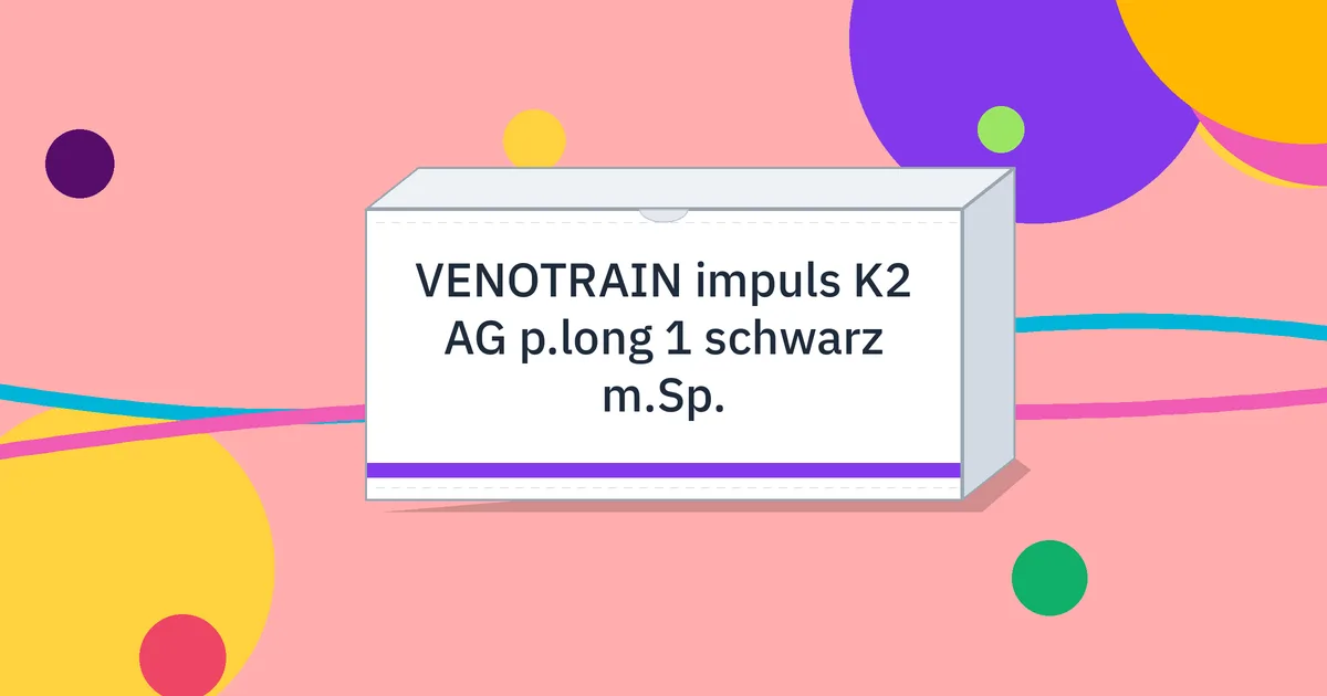 Symbolbild: Packung mit der Aufschrift VENOTRAIN impuls K2 AG p.long 1 schwarz m.Sp. (PZN 00495349) – Verfügbarkeit und Bezug in Apotheken in Frankfurt am Main