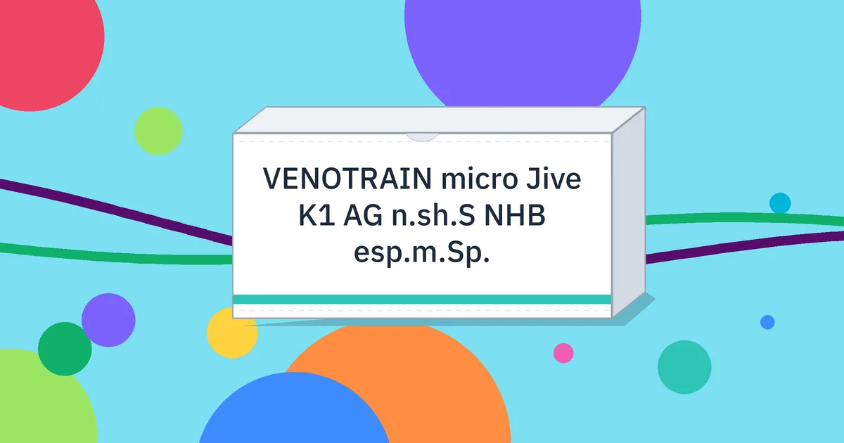 Symbolbild: Packung mit der Aufschrift VENOTRAIN micro Jive K1 AG n.sh.S NHB esp.m.Sp. (PZN 17765681) – Verfügbarkeit und Bezug in Apotheken in Frankfurt am Main