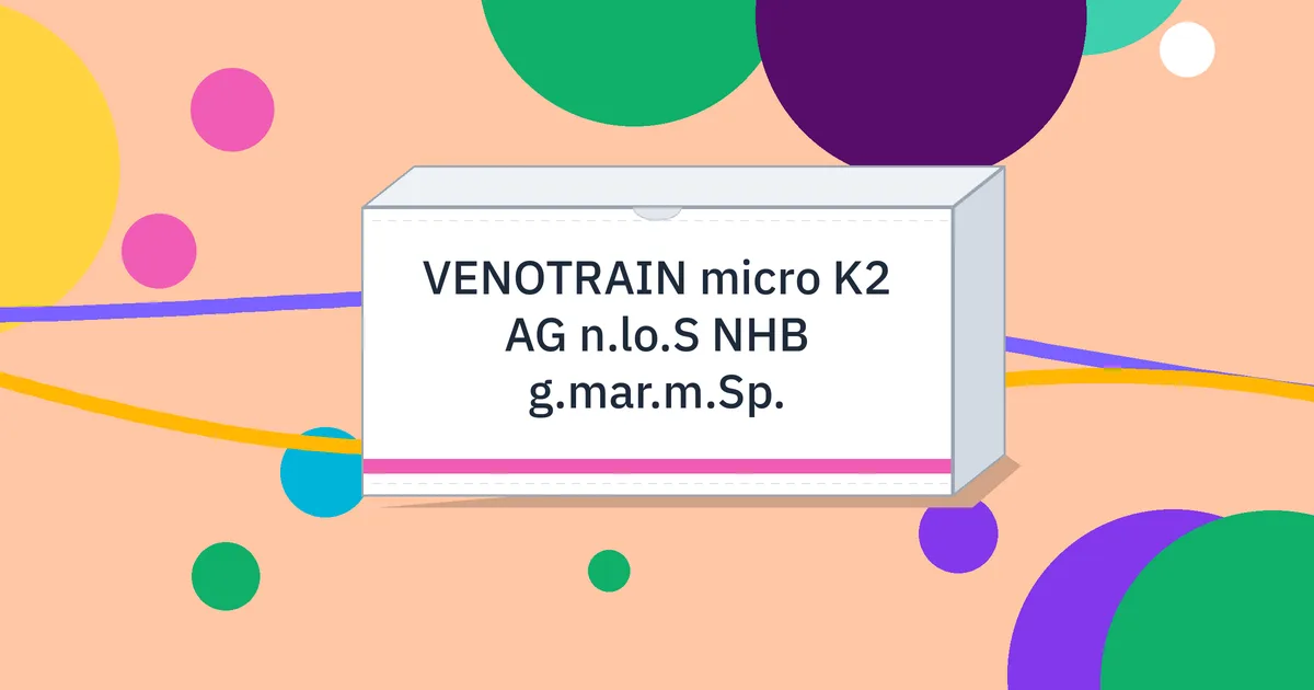 Symbolbild: Packung mit der Aufschrift VENOTRAIN micro K2 AG n.lo.S NHB g.mar.m.Sp. (PZN 04647359) – Verfügbarkeit und Bezug in Apotheken in Frankfurt am Main