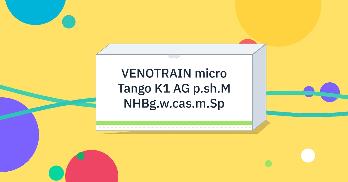 Symbolbild: Packung mit der Aufschrift VENOTRAIN micro Tango K1 AG p.sh.M NHBg.w.cas.m.Sp (PZN 20765199) – Verfügbarkeit und Bezug in Apotheken in Frankfurt am Main