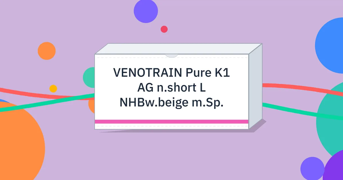 Symbolbild: Packung mit der Aufschrift VENOTRAIN Pure K1 AG n.short L NHBw.beige m.Sp. (PZN 18150237) – Verfügbarkeit und Bezug in Apotheken in Frankfurt am Main