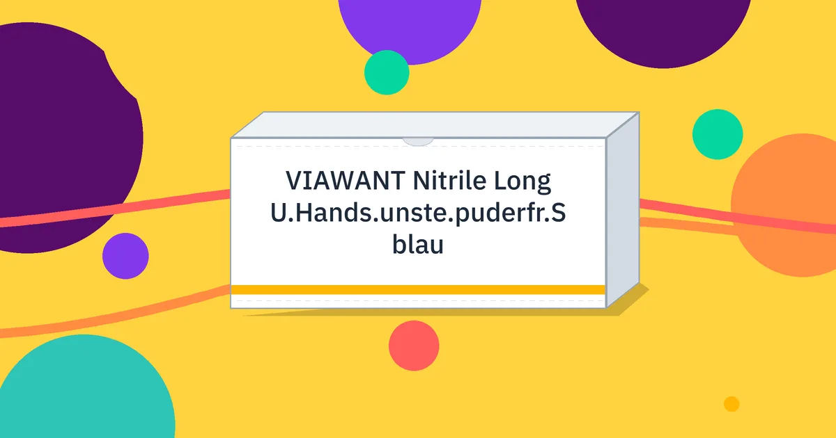 Symbolbild: Packung mit der Aufschrift VIAWANT Nitrile Long U.Hands.unste.puderfr.S blau (PZN 19999331) – Verfügbarkeit und Bezug in Apotheken in Frankfurt am Main