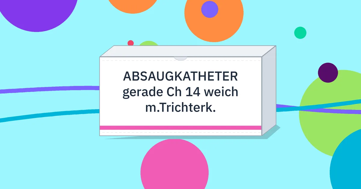 Symbolbild: Packung mit der Aufschrift ABSAUGKATHETER gerade Ch 14 weich m.Trichterk. (PZN 08888108) – Verfügbarkeit und Bezug in Apotheken in Frankfurt am Main