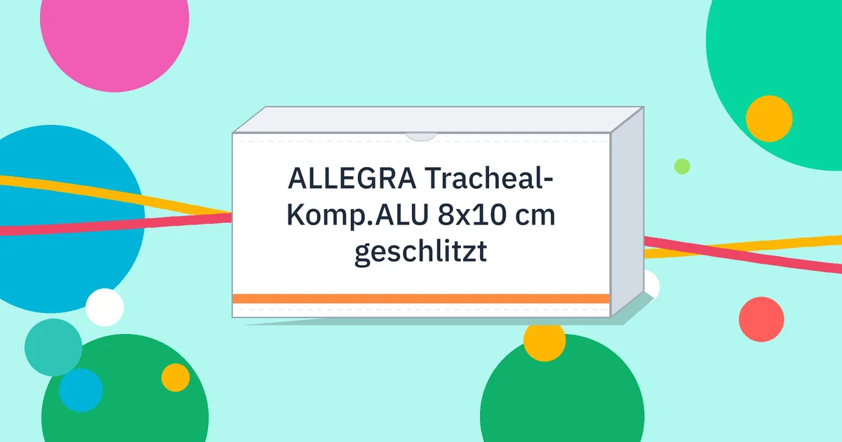 Symbolbild: Packung mit der Aufschrift ALLEGRA Tracheal-Komp.ALU 8x10 cm geschlitzt (PZN 11113693) – Verfügbarkeit und Bezug in Apotheken in Frankfurt am Main
