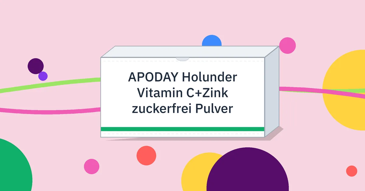 Symbolbild: Packung mit der Aufschrift APODAY Holunder Vitamin C+Zink zuckerfrei Pulver (PZN 04826688) – Verfügbarkeit und Bezug in Apotheken in Frankfurt am Main