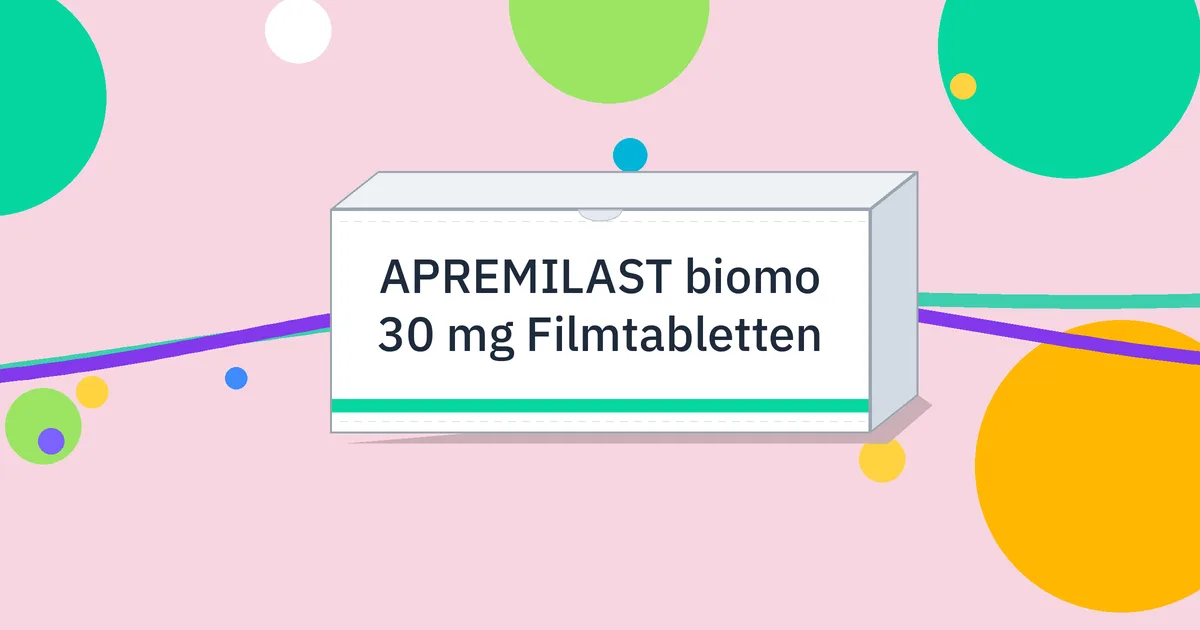 Symbolbild: Packung mit der Aufschrift APREMILAST biomo 30 mg Filmtabletten (PZN 19391138) – Verfügbarkeit und Bezug in Apotheken in Frankfurt am Main