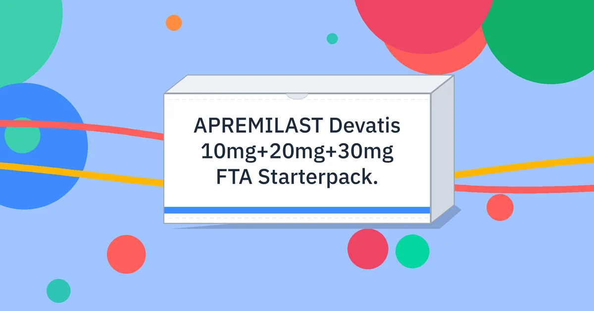 Symbolbild: Packung mit der Aufschrift APREMILAST Devatis 10mg+20mg+30mg FTA Starterpack. (PZN 19636433) – Verfügbarkeit und Bezug in Apotheken in Frankfurt am Main