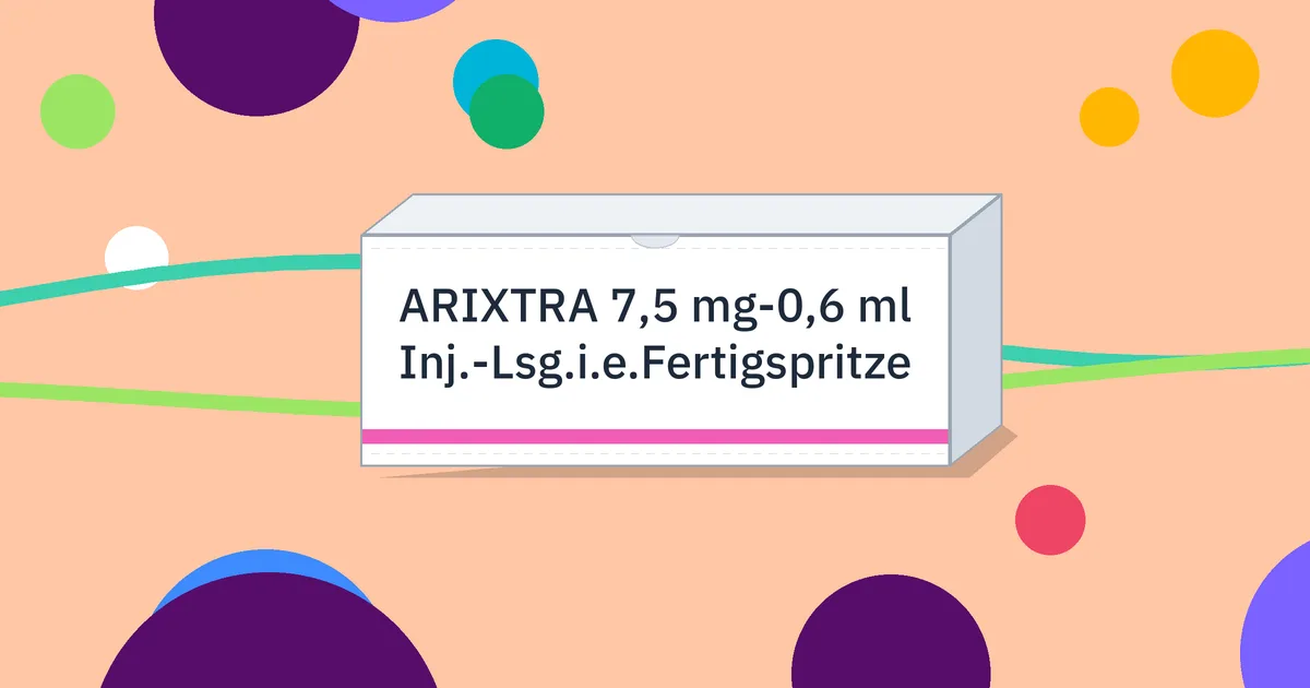 Symbolbild: Packung mit der Aufschrift ARIXTRA 7,5 mg-0,6 ml Inj.-Lsg.i.e.Fertigspritze (PZN 11872097) – Verfügbarkeit und Bezug in Apotheken in Frankfurt am Main