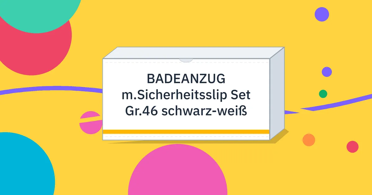 Symbolbild: Packung mit der Aufschrift BADEANZUG m.Sicherheitsslip Set Gr.46 schwarz-weiß (PZN 15263751) – Verfügbarkeit und Bezug in Apotheken in Frankfurt am Main