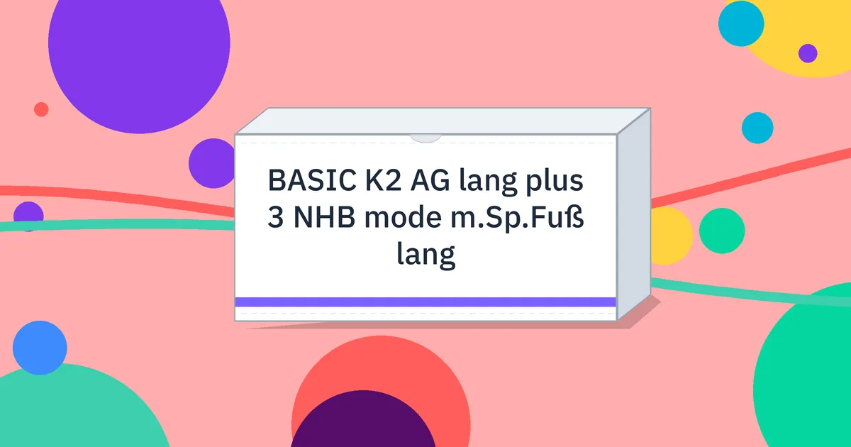 Symbolbild: Packung mit der Aufschrift BASIC K2 AG lang plus 3 NHB mode m.Sp.Fuß lang (PZN 20267320) – Verfügbarkeit und Bezug in Apotheken in Frankfurt am Main