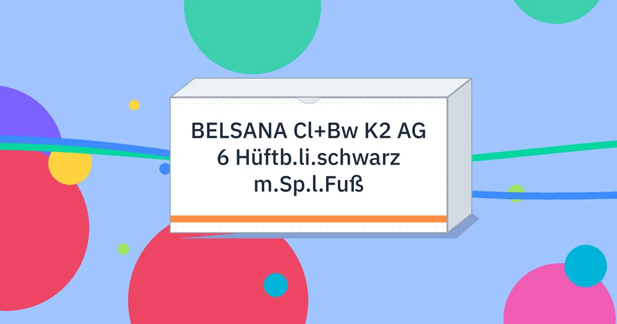 Symbolbild: Packung mit der Aufschrift BELSANA Cl+Bw K2 AG 6 Hüftb.li.schwarz m.Sp.l.Fuß (PZN 12255314) – Verfügbarkeit und Bezug in Apotheken in Frankfurt am Main