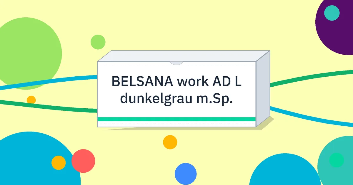 Symbolbild: Packung mit der Aufschrift BELSANA work AD L dunkelgrau m.Sp. (PZN 16219812) – Verfügbarkeit und Bezug in Apotheken in Frankfurt am Main