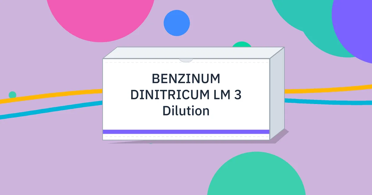 Symbolbild: Packung mit der Aufschrift BENZINUM DINITRICUM LM 3 Dilution (PZN 13381989) – Verfügbarkeit und Bezug in Apotheken in Frankfurt am Main