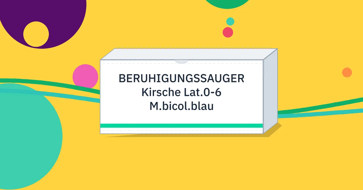 Symbolbild: Packung mit der Aufschrift BERUHIGUNGSSAUGER Kirsche Lat.0-6 M.bicol.blau (PZN 04792334) – Verfügbarkeit und Bezug in Apotheken in Frankfurt am Main