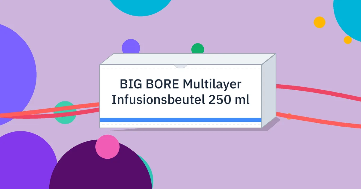 Symbolbild: Packung mit der Aufschrift BIG BORE Multilayer Infusionsbeutel 250 ml (PZN 11482410) – Verfügbarkeit und Bezug in Apotheken in Frankfurt am Main