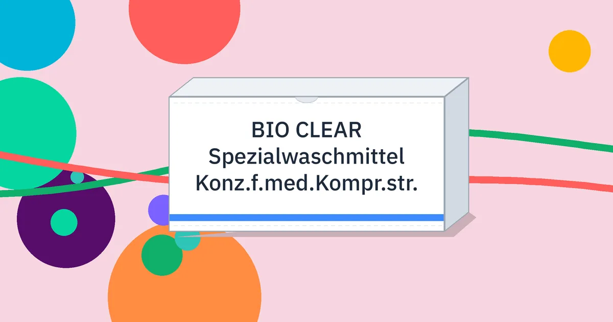 Symbolbild: Packung mit der Aufschrift BIO CLEAR Spezialwaschmittel Konz.f.med.Kompr.str. (PZN 10010991) – Verfügbarkeit und Bezug in Apotheken in Frankfurt am Main