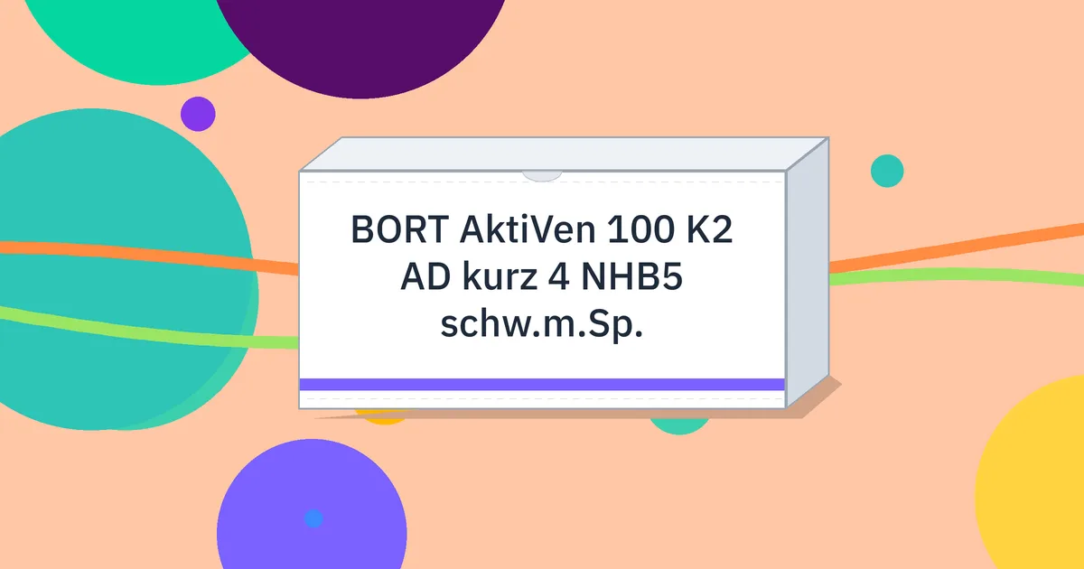 Symbolbild: Packung mit der Aufschrift BORT AktiVen 100 K2 AD kurz 4 NHB5 schw.m.Sp. (PZN 17497134) – Verfügbarkeit und Bezug in Apotheken in Frankfurt am Main