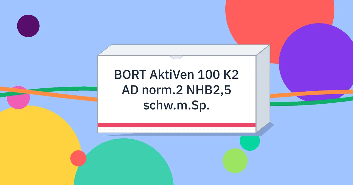 Symbolbild: Packung mit der Aufschrift BORT AktiVen 100 K2 AD norm.2 NHB2,5 schw.m.Sp. (PZN 17501775) – Verfügbarkeit und Bezug in Apotheken in Frankfurt am Main