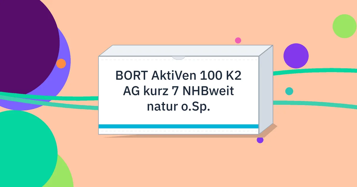 Symbolbild: Packung mit der Aufschrift BORT AktiVen 100 K2 AG kurz 7 NHBweit natur o.Sp. (PZN 13730355) – Verfügbarkeit und Bezug in Apotheken in Frankfurt am Main