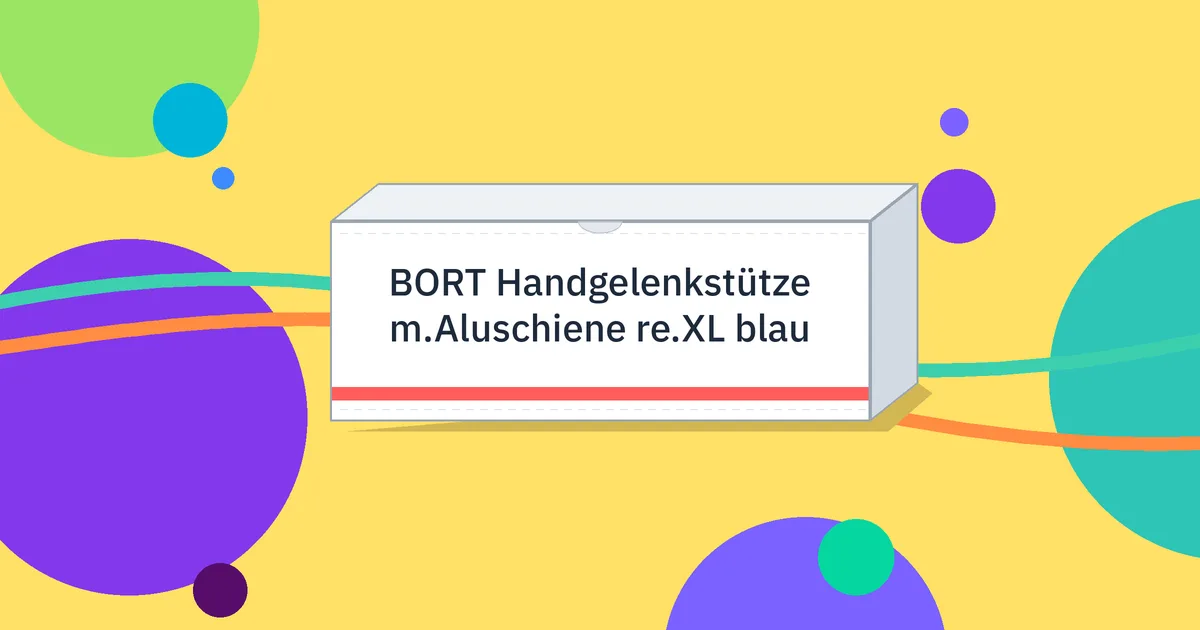 Symbolbild: Packung mit der Aufschrift BORT Handgelenkstütze m.Aluschiene re.XL blau (PZN 00945344) – Verfügbarkeit und Bezug in Apotheken in Frankfurt am Main