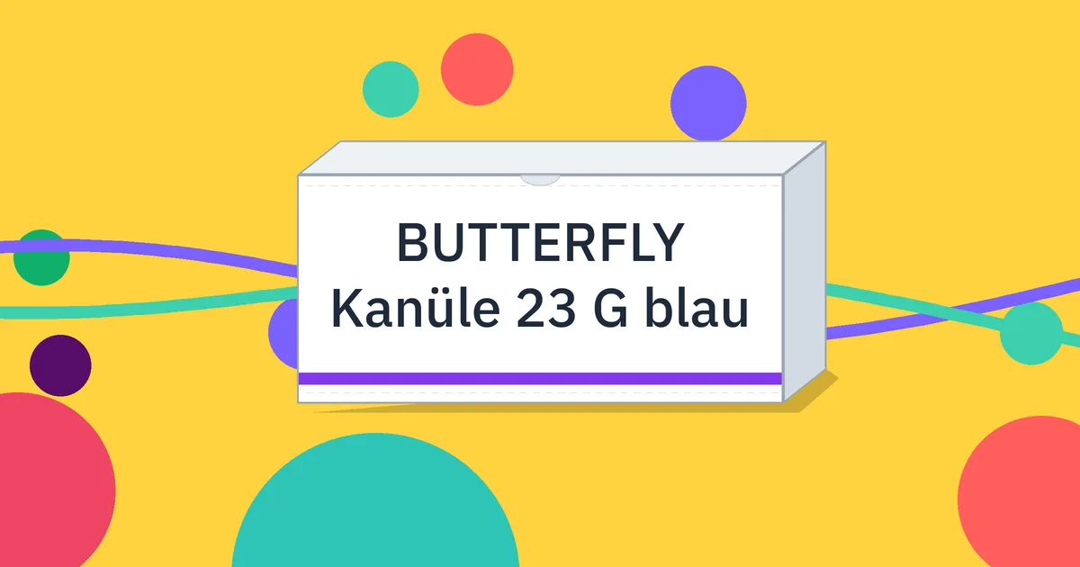 Symbolbild: Packung mit der Aufschrift BUTTERFLY Kanüle 23 G blau (PZN 19990531) – Verfügbarkeit und Bezug in Apotheken in Frankfurt am Main