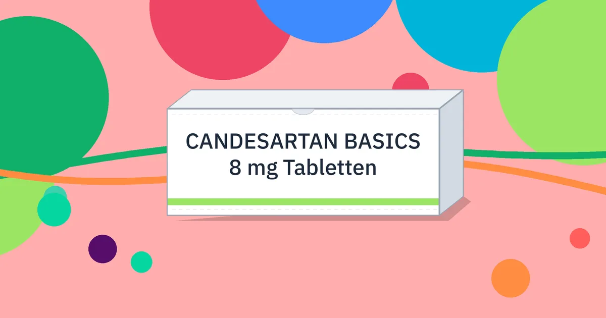 Symbolbild: Packung mit der Aufschrift CANDESARTAN BASICS 8 mg Tabletten (PZN 09482791) – Verfügbarkeit und Bezug in Apotheken in Frankfurt am Main