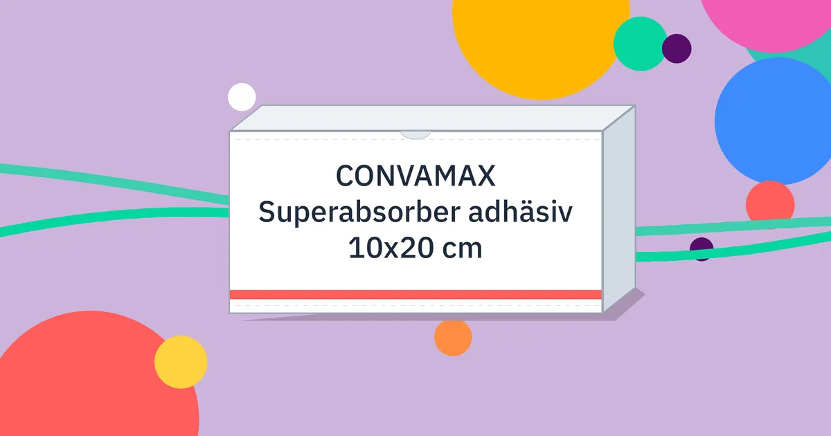 Symbolbild: Packung mit der Aufschrift CONVAMAX Superabsorber adhäsiv 10x20 cm (PZN 15634466) – Verfügbarkeit und Bezug in Apotheken in Frankfurt am Main