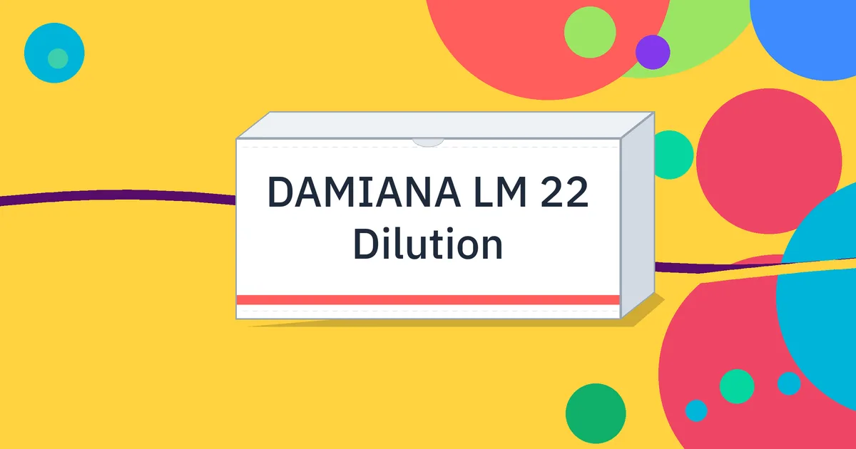 Symbolbild: Packung mit der Aufschrift DAMIANA LM 22 Dilution (PZN 13461139) – Verfügbarkeit und Bezug in Apotheken in Frankfurt am Main