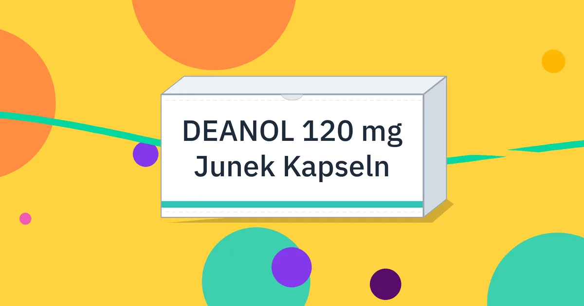 Symbolbild: Packung mit der Aufschrift DEANOL 120 mg Junek Kapseln (PZN 10977061) – Verfügbarkeit und Bezug in Apotheken in Frankfurt am Main