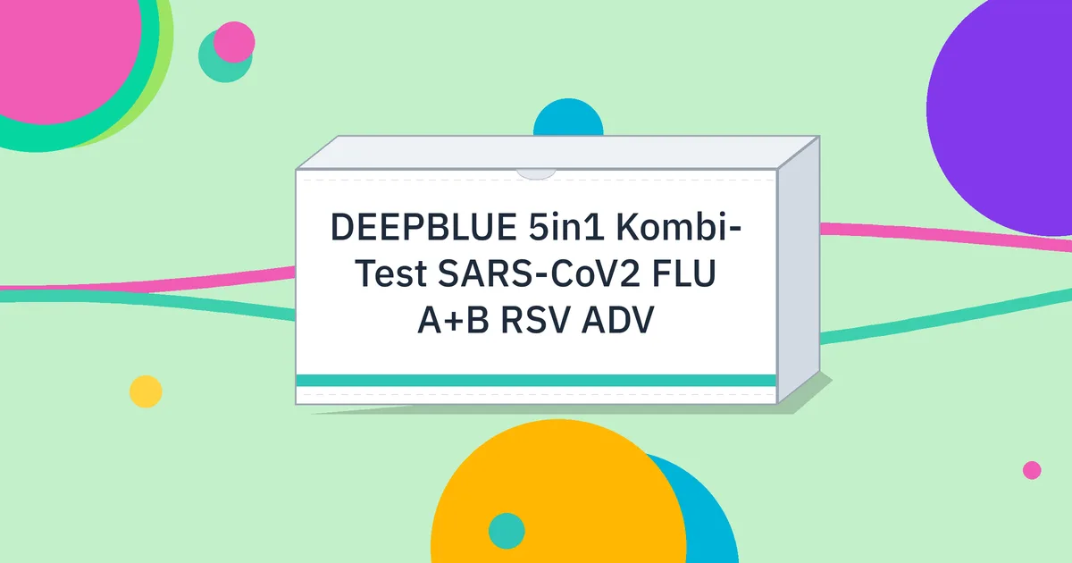 Symbolbild: Packung mit der Aufschrift DEEPBLUE 5in1 Kombi-Test SARS-CoV2 FLU A+B RSV ADV (PZN 20348314) – Verfügbarkeit und Bezug in Apotheken in Frankfurt am Main