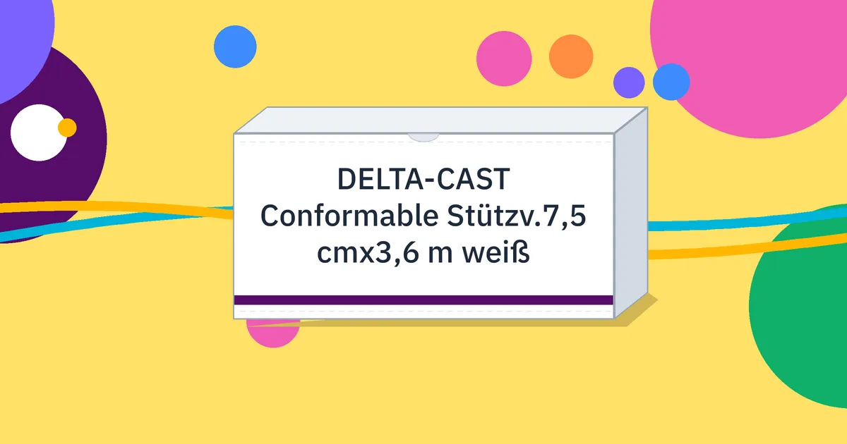 Symbolbild: Packung mit der Aufschrift DELTA-CAST Conformable Stützv.7,5 cmx3,6 m weiß (PZN 04590837) – Verfügbarkeit und Bezug in Apotheken in Frankfurt am Main