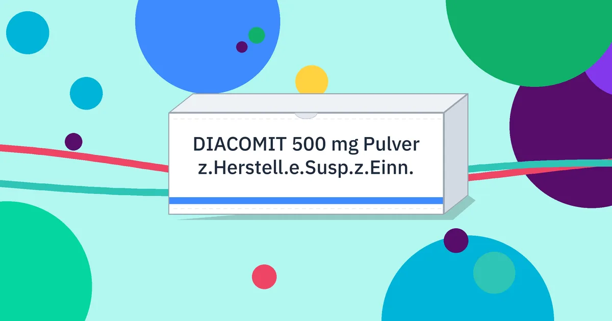 Symbolbild: Packung mit der Aufschrift DIACOMIT 500 mg Pulver z.Herstell.e.Susp.z.Einn. (PZN 00724956) – Verfügbarkeit und Bezug in Apotheken in Frankfurt am Main