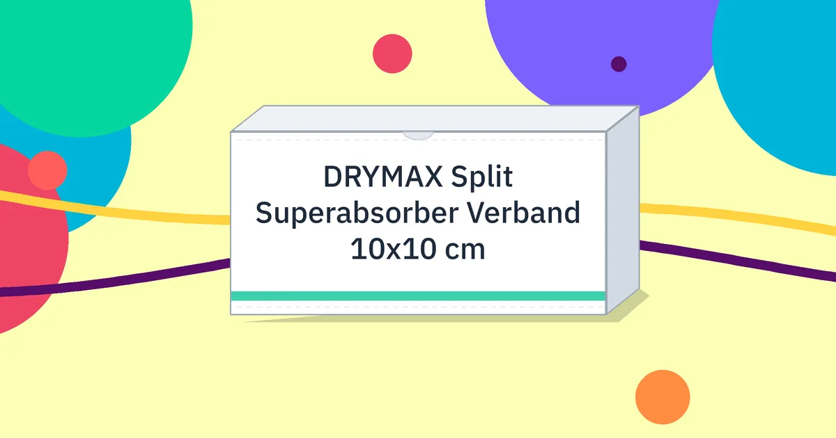 Symbolbild: Packung mit der Aufschrift DRYMAX Split Superabsorber Verband 10x10 cm (PZN 11586871) – Verfügbarkeit und Bezug in Apotheken in Frankfurt am Main