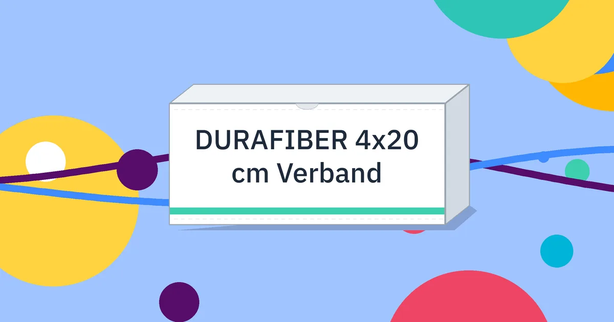 Symbolbild: Packung mit der Aufschrift DURAFIBER 4x20 cm Verband (PZN 03426047) – Verfügbarkeit und Bezug in Apotheken in Frankfurt am Main