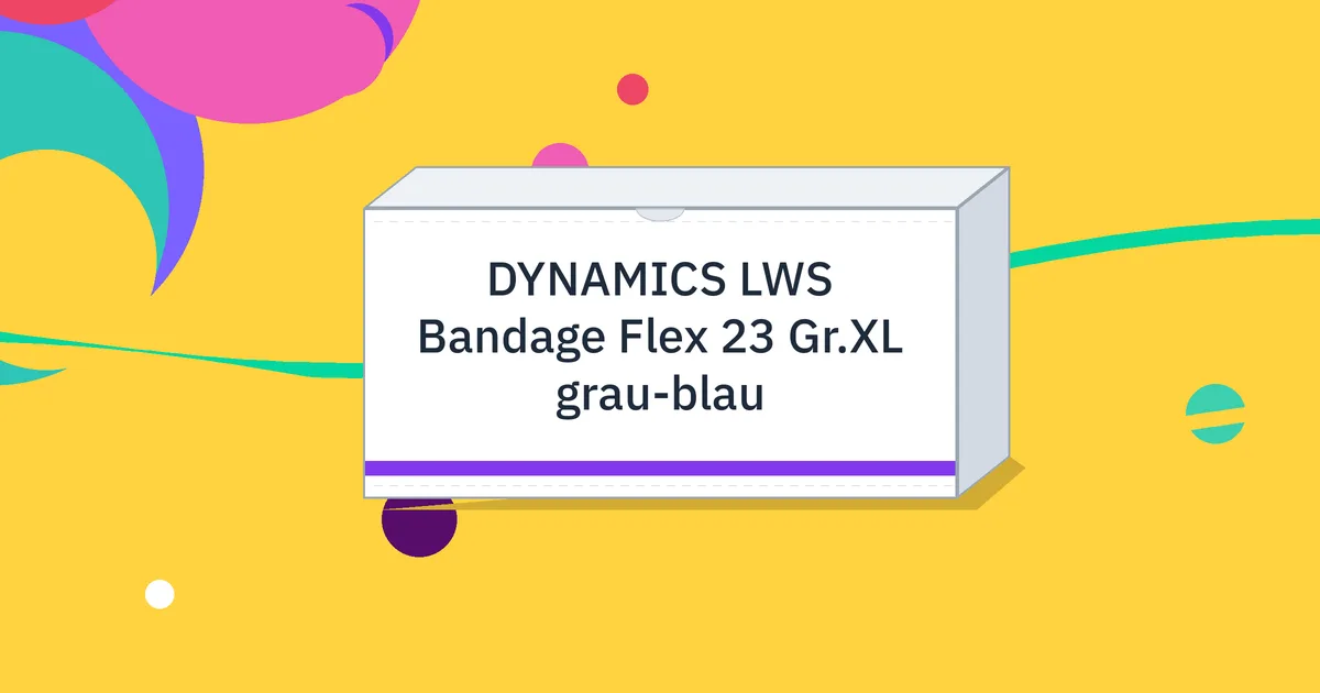 Symbolbild: Packung mit der Aufschrift DYNAMICS LWS Bandage Flex 23 Gr.XL grau-blau (PZN 10634183) – Verfügbarkeit und Bezug in Apotheken in Frankfurt am Main