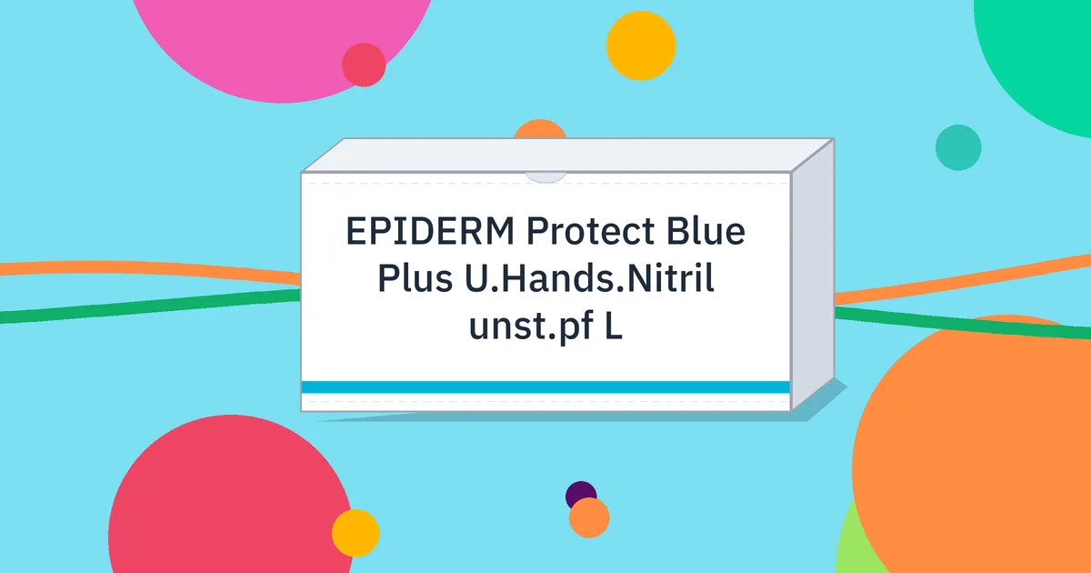 Symbolbild: Packung mit der Aufschrift EPIDERM Protect Blue Plus U.Hands.Nitril unst.pf L (PZN 17896549) – Verfügbarkeit und Bezug in Apotheken in Frankfurt am Main