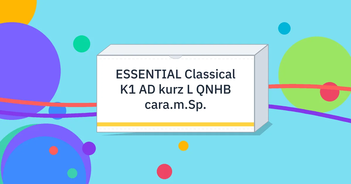 Symbolbild: Packung mit der Aufschrift ESSENTIAL Classical K1 AD kurz L QNHB cara.m.Sp. (PZN 18866869) – Verfügbarkeit und Bezug in Apotheken in Frankfurt am Main