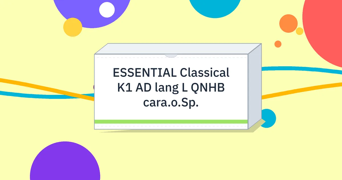 Symbolbild: Packung mit der Aufschrift ESSENTIAL Classical K1 AD lang L QNHB cara.o.Sp. (PZN 18866272) – Verfügbarkeit und Bezug in Apotheken in Frankfurt am Main